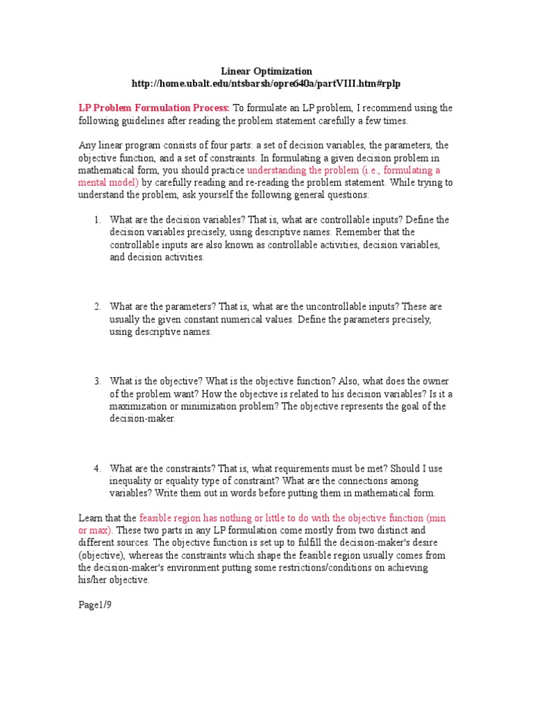 Lp Problem Formulation Process Linear Optimization Pdf Linear Programming Loss Function