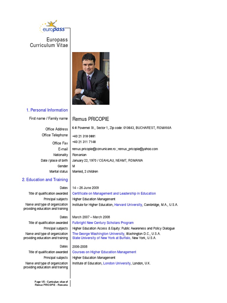 Europass RP CV Sample | Download Free PDF | Romania | Brussels