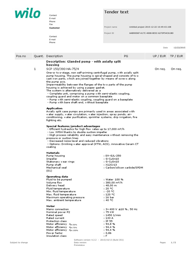SCP 150/390 HA-75/4 Pump Specifications | PDF | Pump | Chemical Engineering