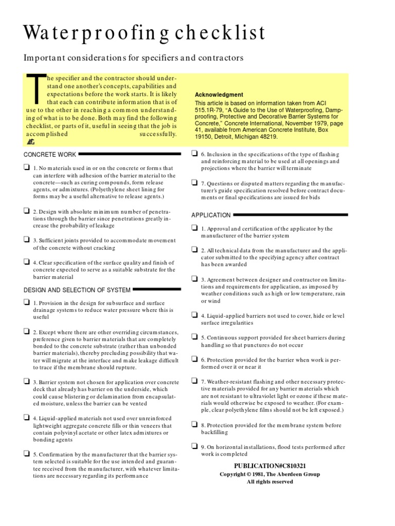 Concrete Construction Article Pdf Waterproofing Checklist Pdf