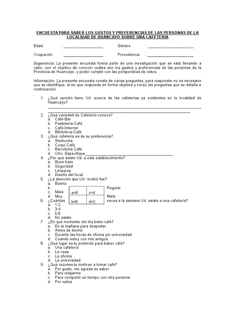 ENCUESTA PARA SABER LOS GUSTOS Y PREFERENCIAS DE LAS PERSONAS DE LA ...