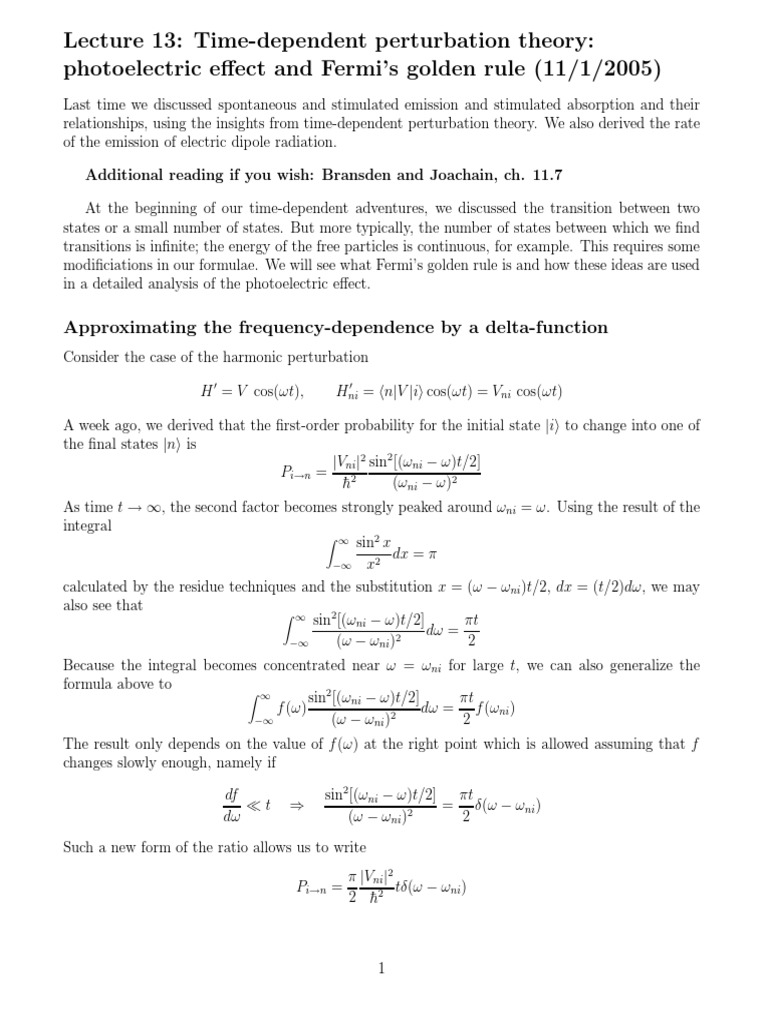Lecture 13: Time-Dependent Perturbation Theory: Photoelectric Effect and Fermi's Golden Rule (11 ...