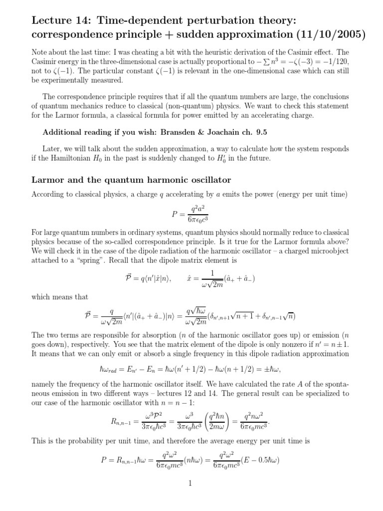 Lecture 14: Time-Dependent Perturbation Theory: Correspondence Principle + Sudden Approximation ...
