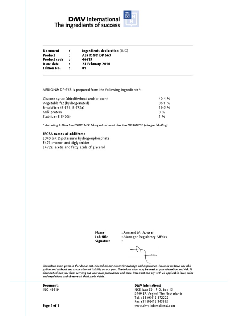 Document: Ingredients Declaration Product: Aerion® DP 563 Product Code ...