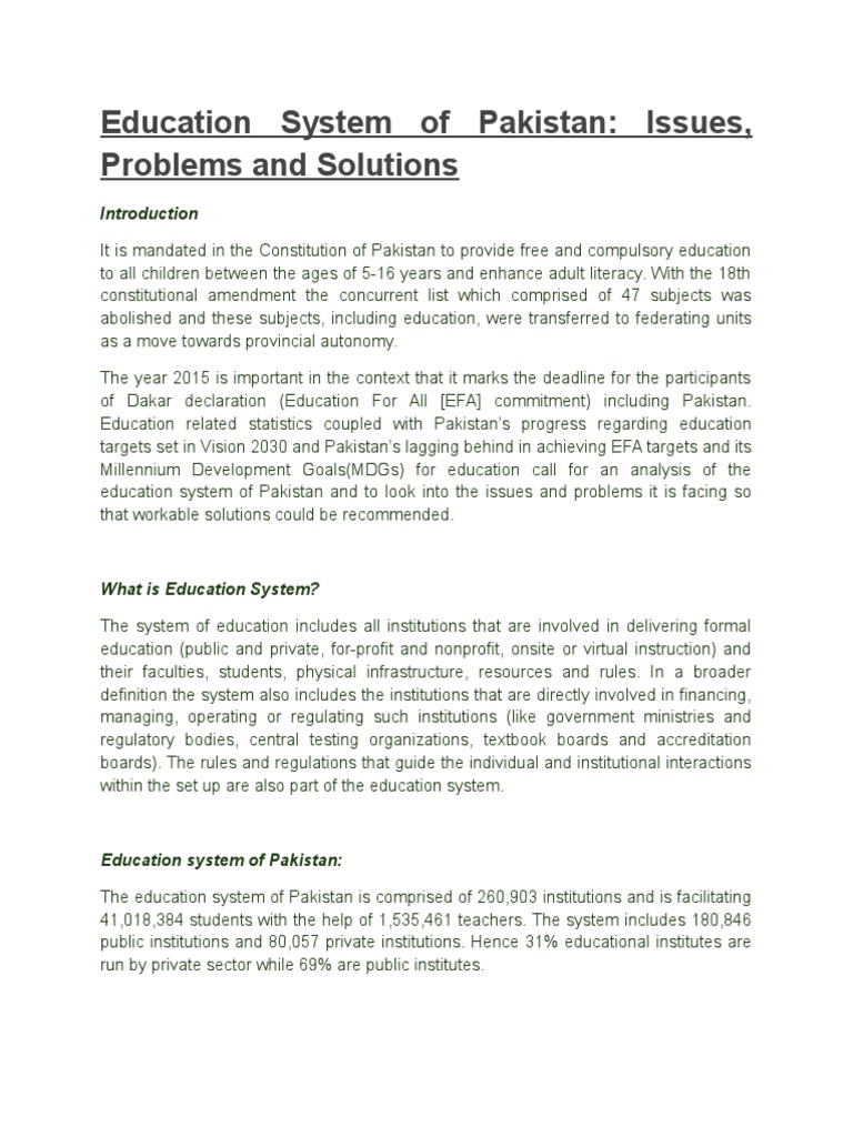 Education System of Pakistan: Issues, Problems and Solutions | PDF ...