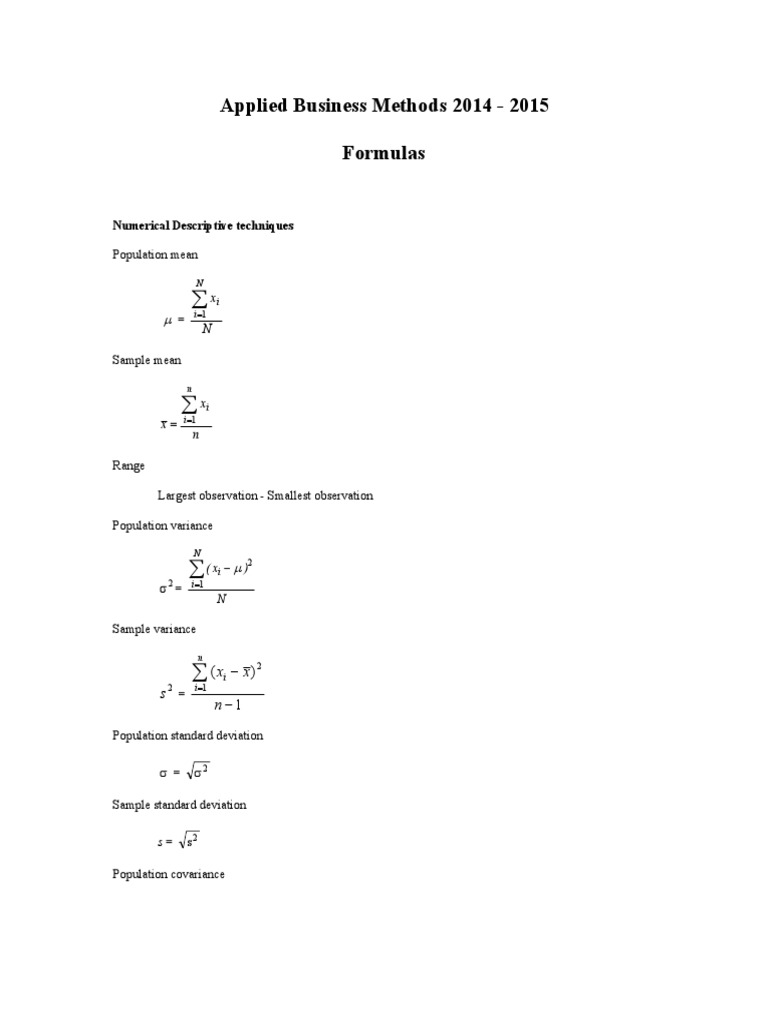 Formula Card | PDF | Standard Deviation | Errors And Residuals