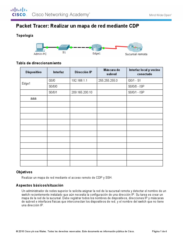2.2.1.5 Packet Tracer - Map A Network Using CDP | PDF | Dirección IP | Enrutador (Computación)