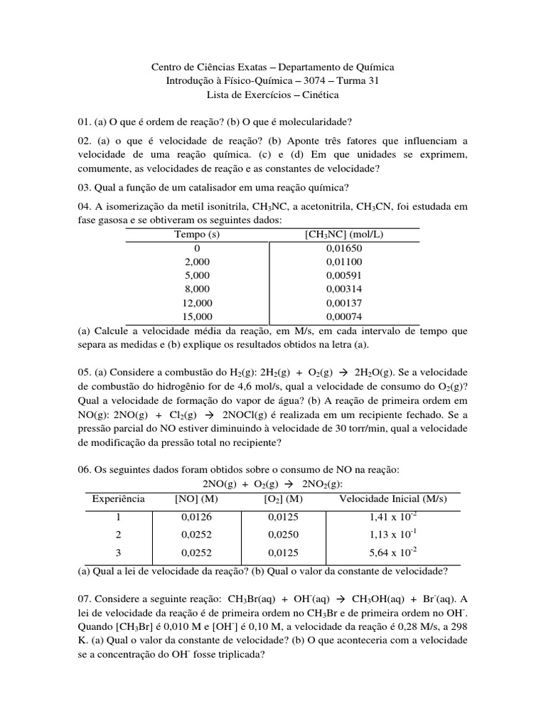 Lista de Exercícios sobre Cinética Química: Taxas de Reação, Leis de ...