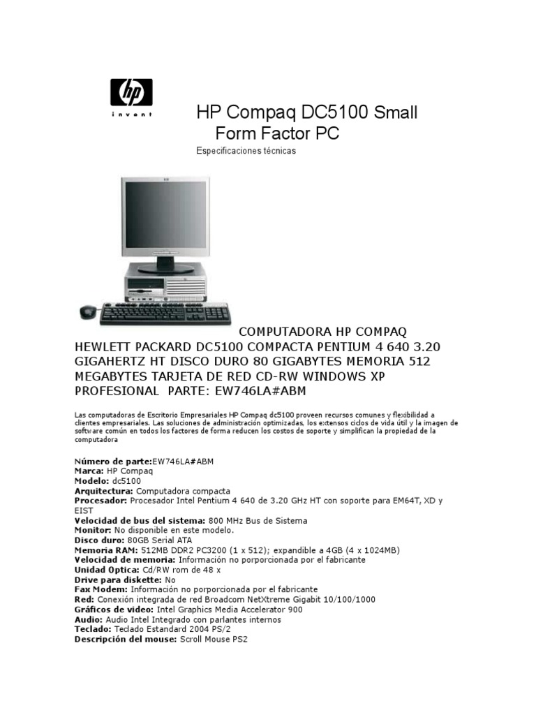 Especificaciones HP Compaq DC5100 SFF | PDF