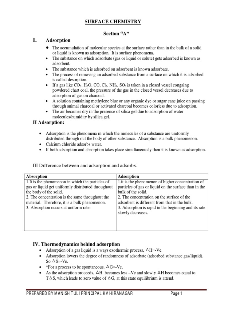 Surface Chemistry Study Notes | PDF | Adsorption | Catalysis