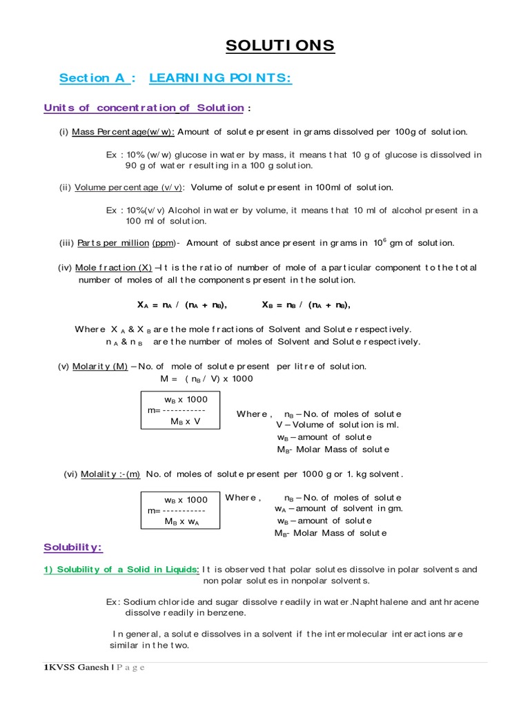 Solution Learning Points | PDF | Solubility | Solution