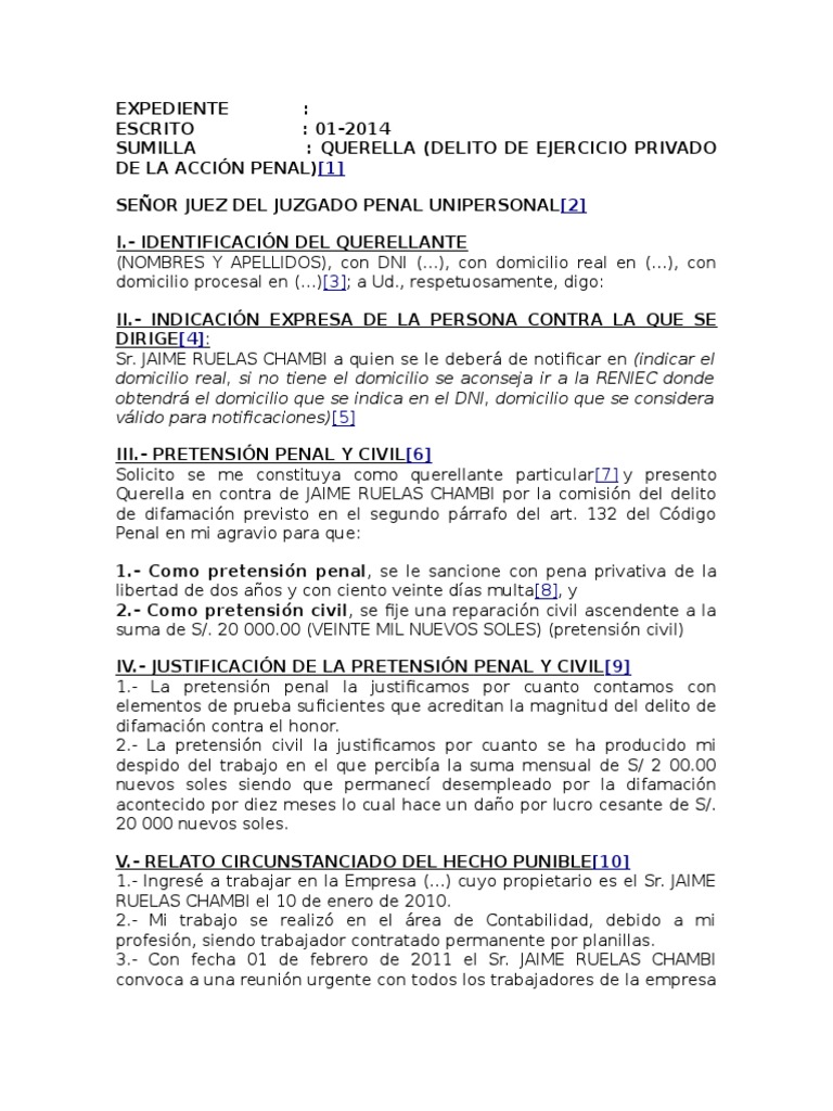 Modelo de Querella | Derecho penal | Queja