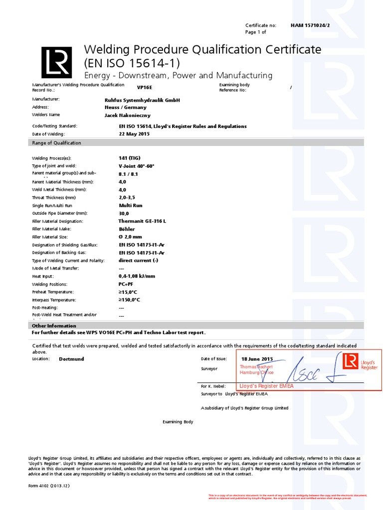 Welding Procedure Qualification Certificate (EN ISO 15614-1) | PDF