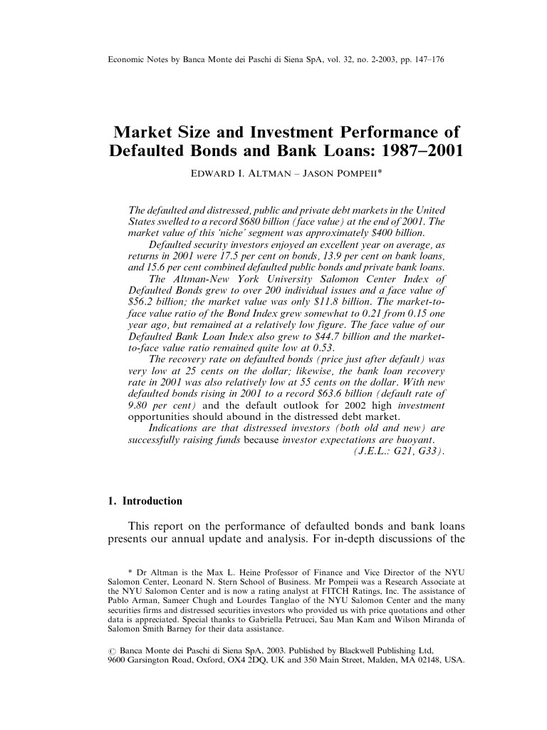 Market Size and Investment Performance of Defaulted Bonds and Bank ...