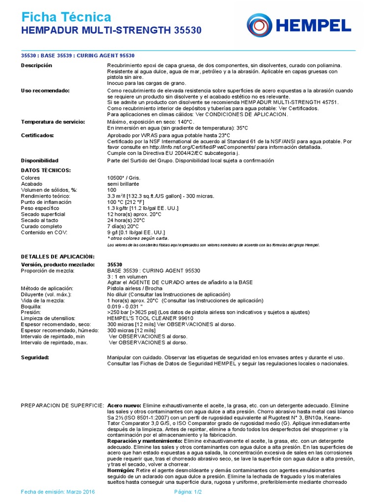 Recubrimiento Epoxi HEMPADUR 35530 | PDF | Pintar | Agua