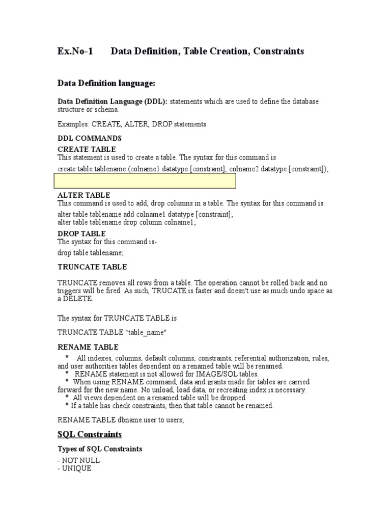 Ex - No-1 Data Definition, Table Creation, Constraints | PDF | Sql | Table (Database)