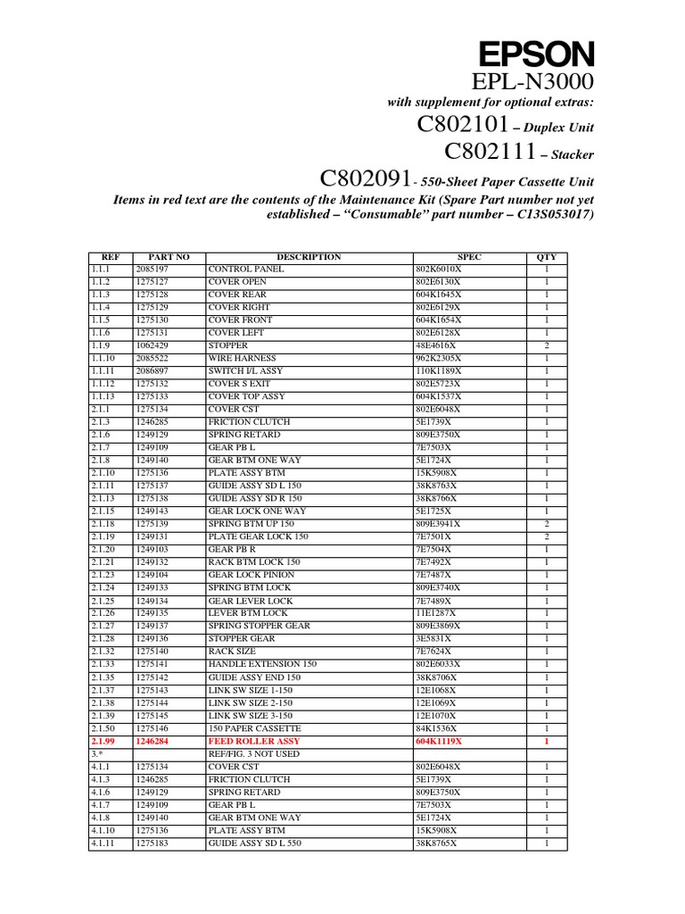 Epson Epl n3000 Part List | PDF | Clutch | Gear
