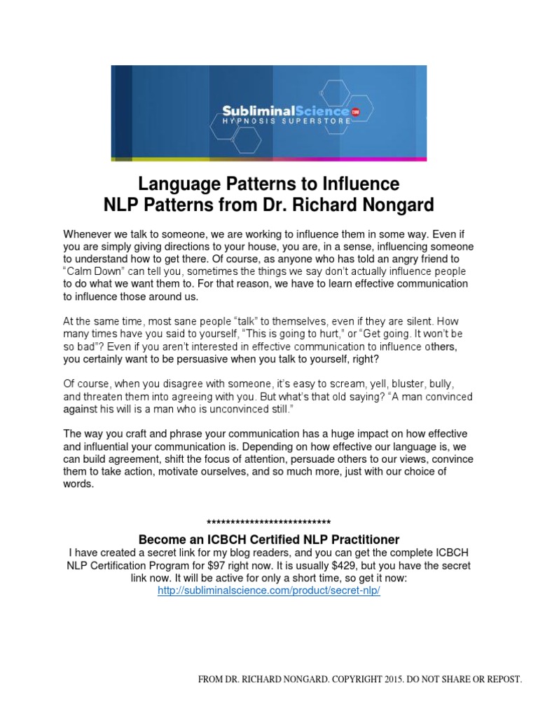 Secret NLP Free Patterns | PDF | Neuro Linguistic Programming | Ambiguity