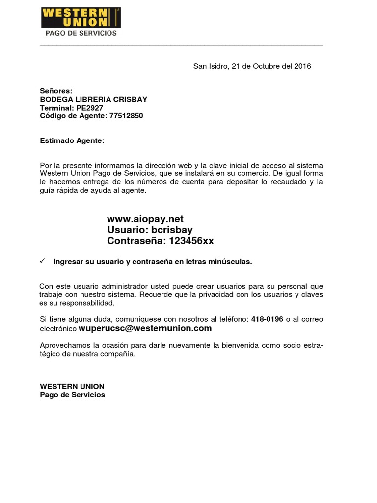 Cartas De Pago De Servicios Crysbai 002 Western Union Contraseña
