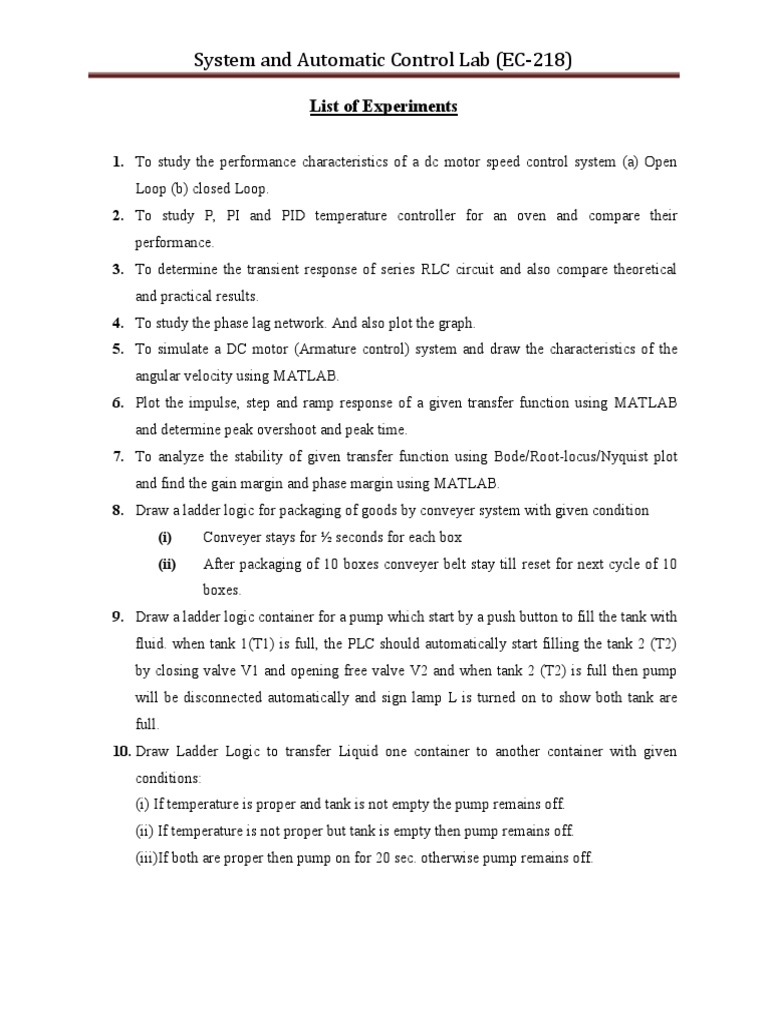 System and Automatic Control Lab (EC-218) : List of Experiments | PDF