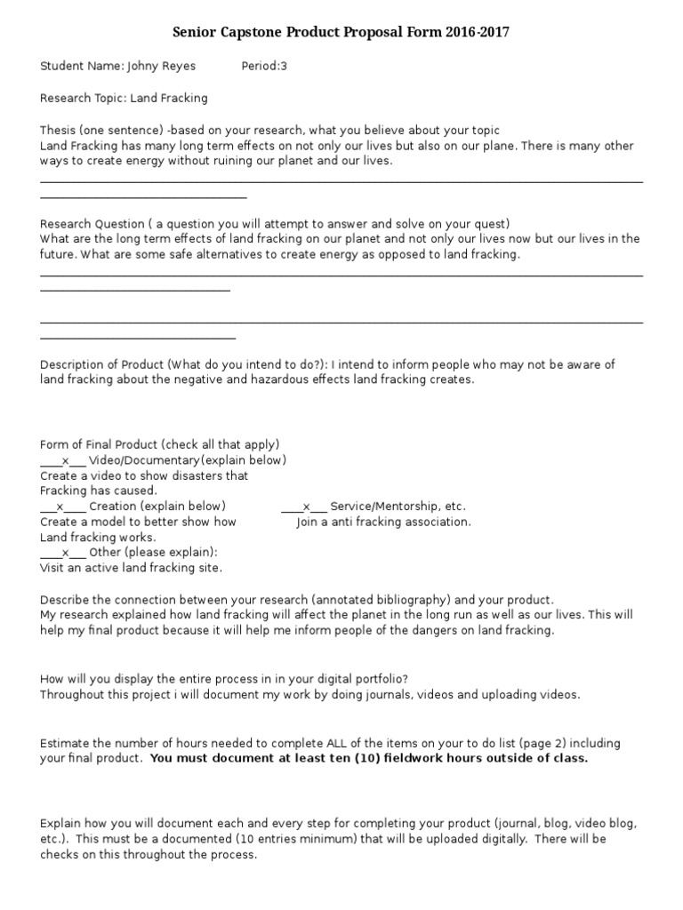 Senior Capstone Product Proposal Form 2016-2017 | PDF | Hydraulic Fracturing | Psychological ...