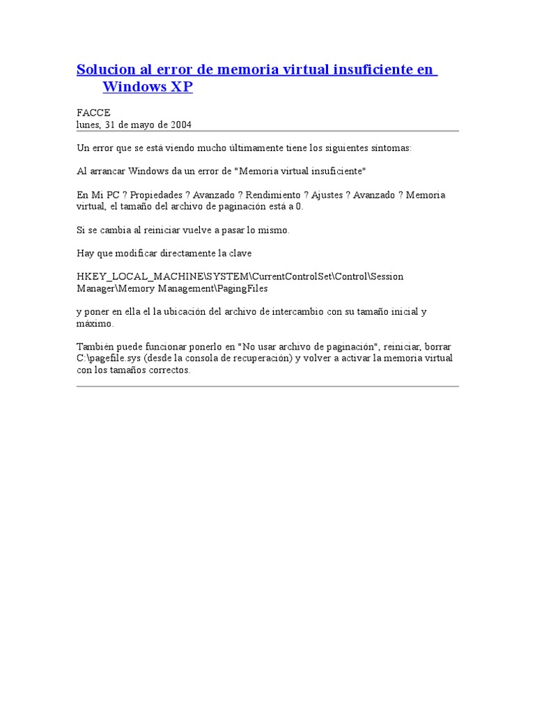 Solucion Al Error de Memoria Virtual Insuficiente en Windows XP | PDF