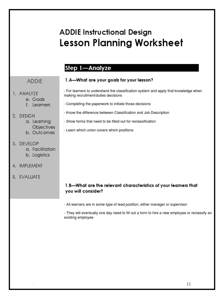 Lesson Planning Worksheet: ADDIE Instructional Design | Download Free ...