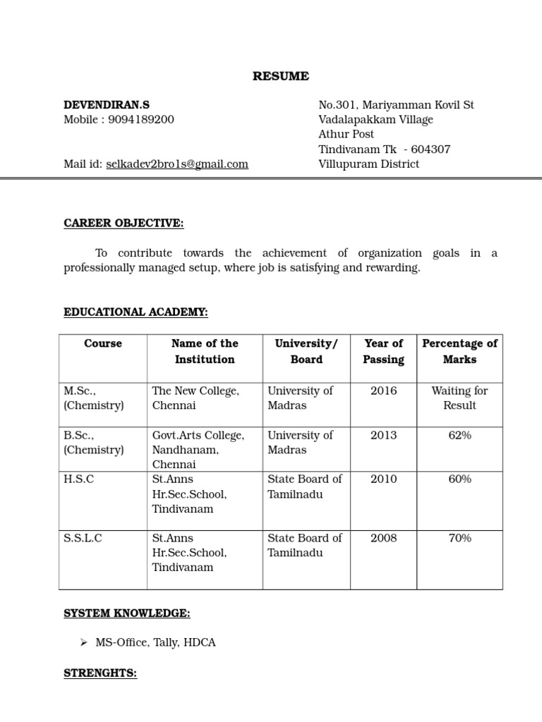 Devendiran Resume | Download Free PDF | Tamil Nadu