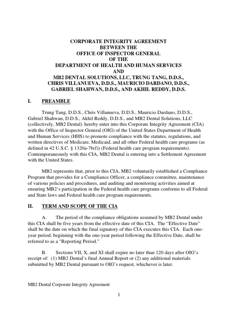 MB2 Dental Corporate Integrity Agreement | PDF | Internal Audit ...