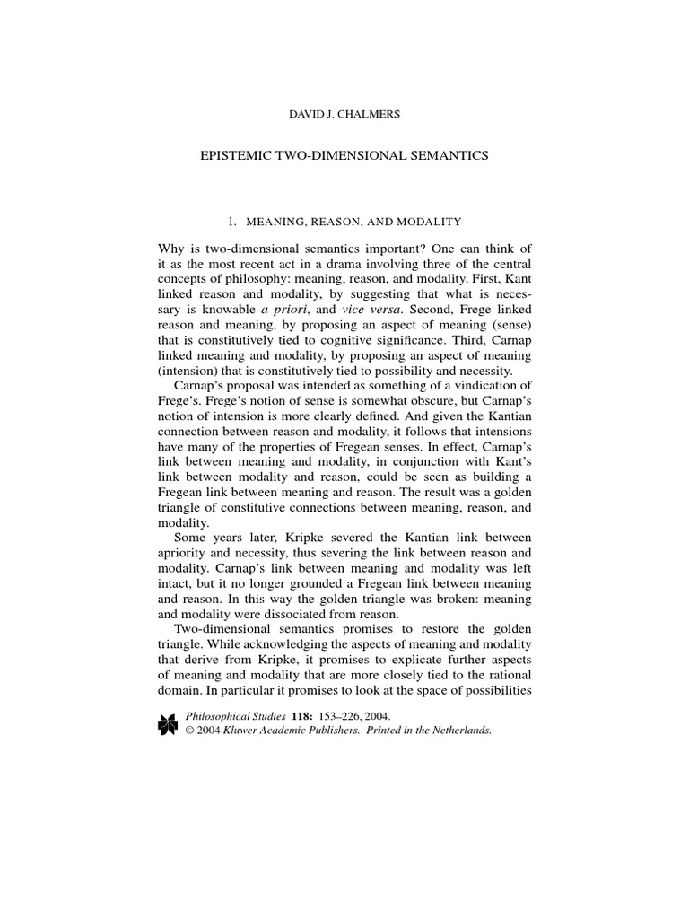 2004 - Chalmers - Epistemic Two-Dimensional Semantics | PDF | A Priori And A Posteriori | Modal ...