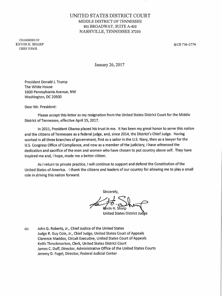 Judge Kevin H. Sharp Resignation Letter | PDF