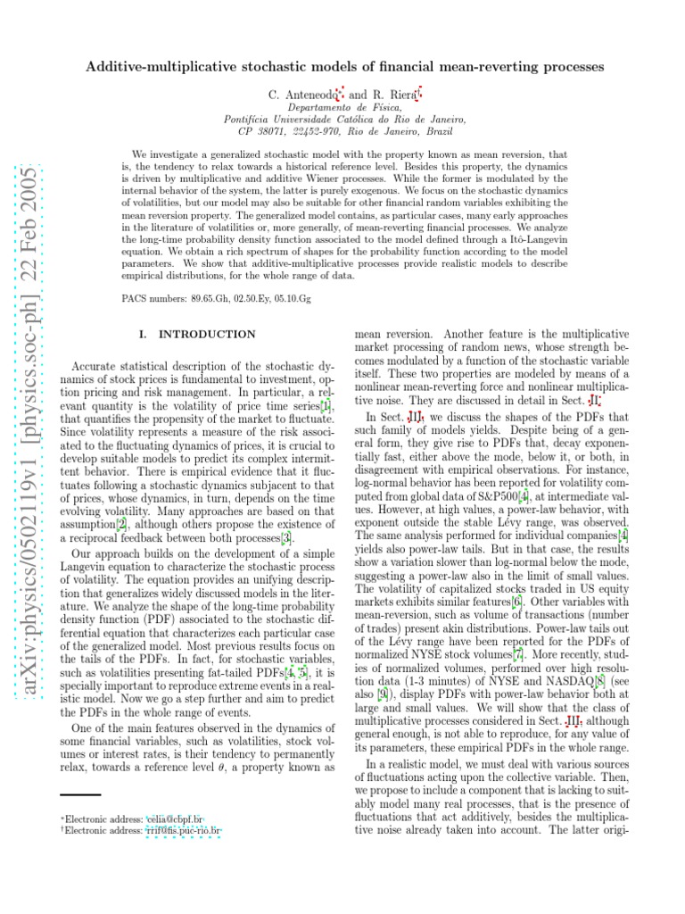 Additive-Multiplicative Stochastic Models of Financial Mean-Reverting ...