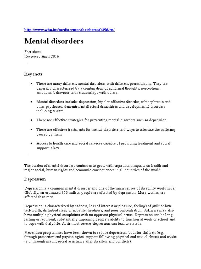 Mental Disorders: Key Facts | Download Free PDF | Major Depressive ...