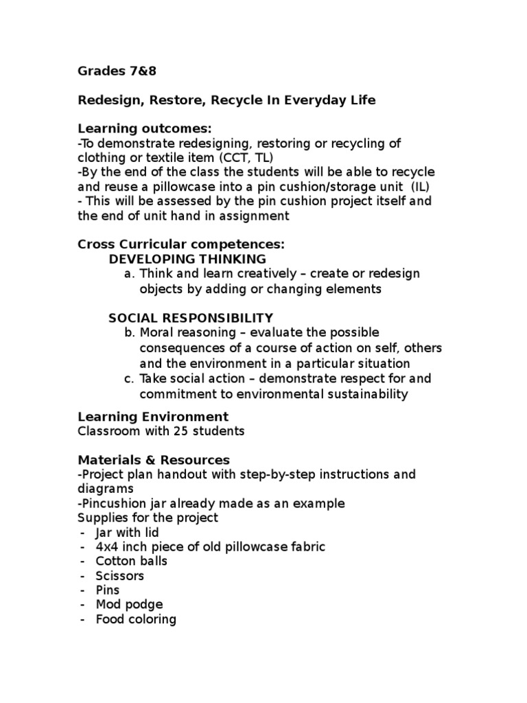 Grade 7 8 Lesson Plan Recycle Project | PDF