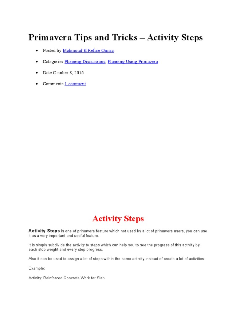 Primavera Tips and Tricks - Activity Steps | PDF