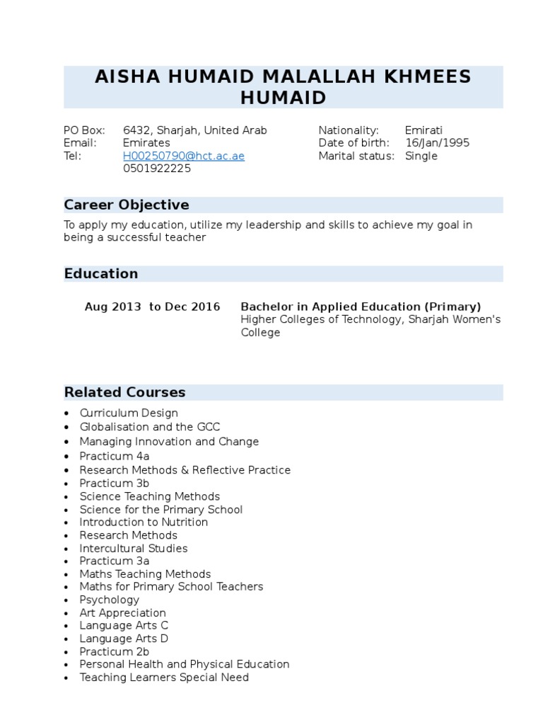 CV Sample | PDF | United Arab Emirates | Teachers