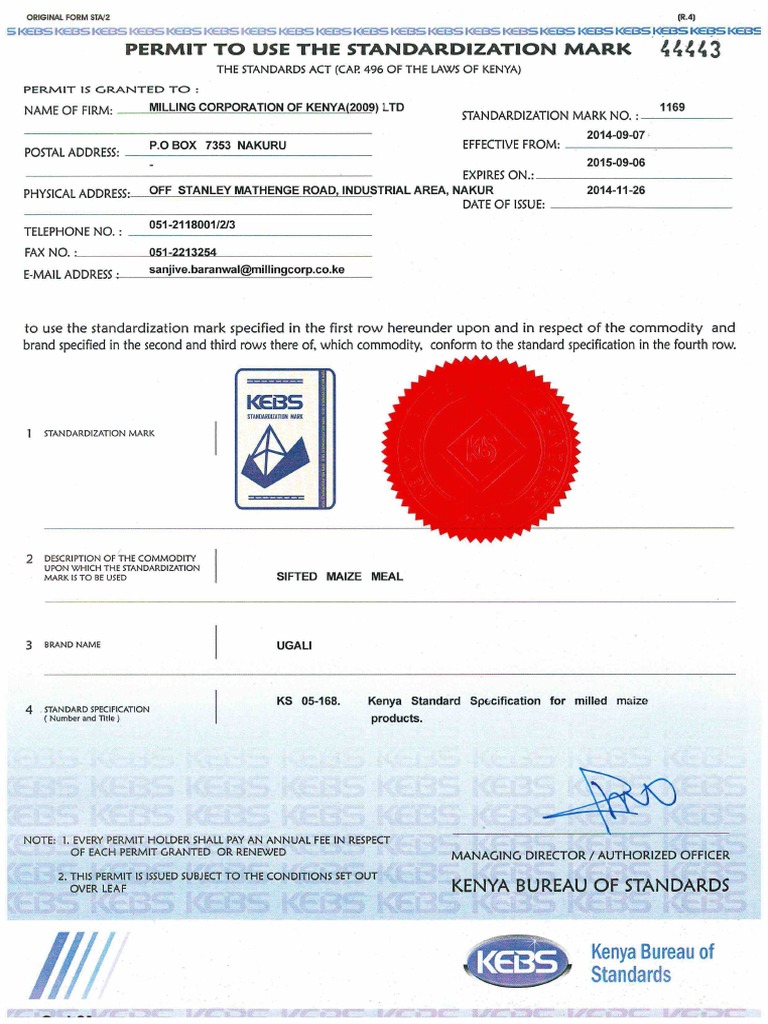 Kebs Mark For Ugali Brand | PDF