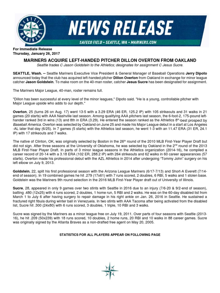Mariners Acquire Left-Handed Pitcher Dillon Overton From Oakland | PDF ...