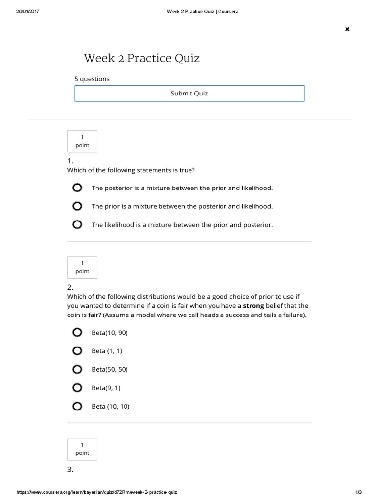 Week 2 Practice Quiz For Bayesian Statistics - Coursera | PDF Week 2 Practice Quiz For Bayesian Statistics - Coursera | PDF