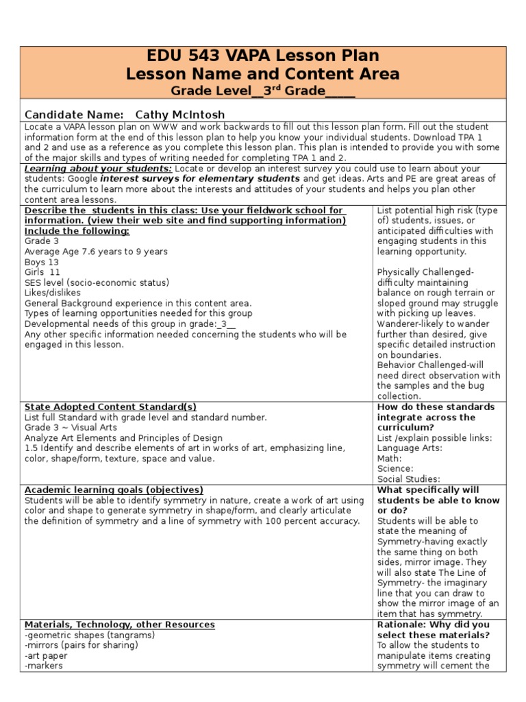 Vapa Di Lesson Plan Template Pre-Tpa SP 11 | PDF | Shape | Reading ...