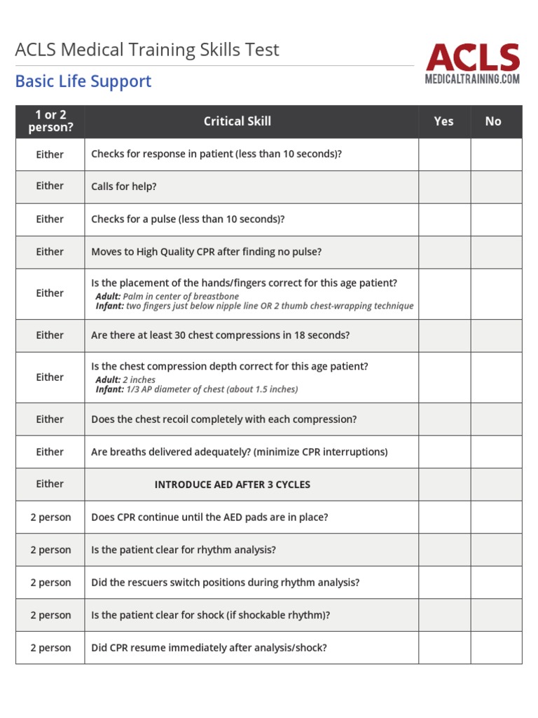 ACLS Medical Training Skills Test: Basic Life Support | PDF
