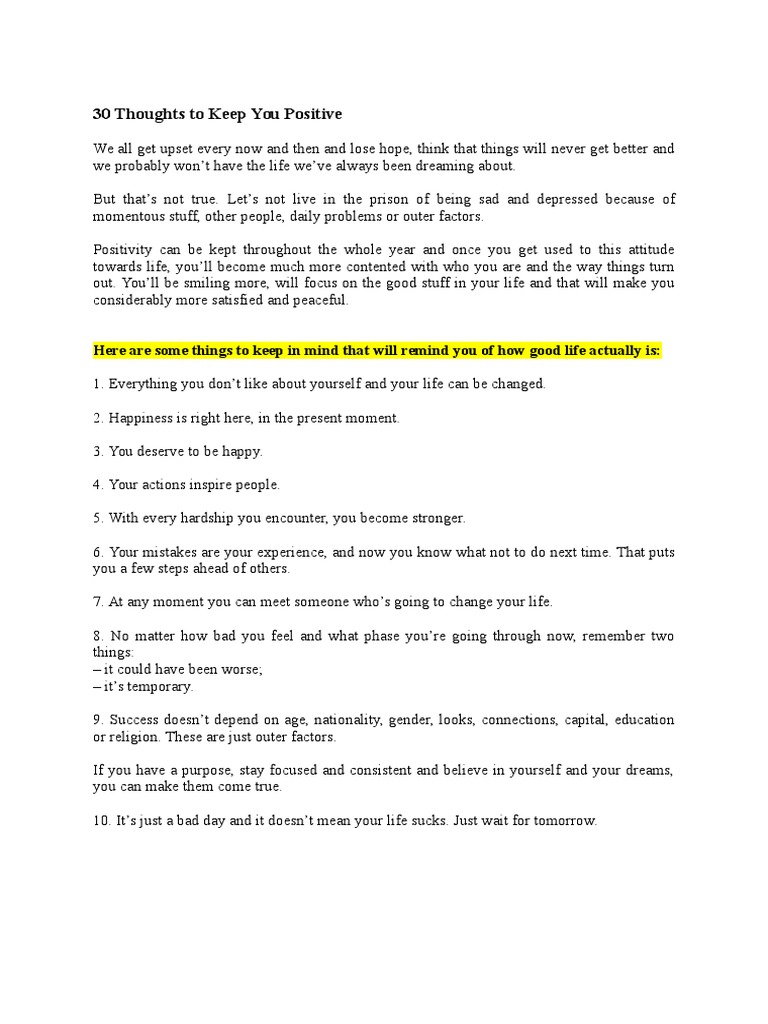 30 Thoughts To Keep You Positive | PDF | Thought