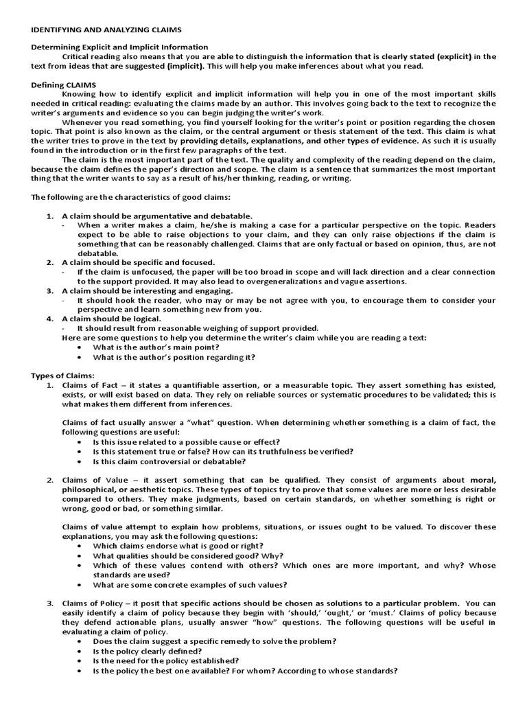 Identifying and Analyzing Claims | PDF | Intertextuality | Argument