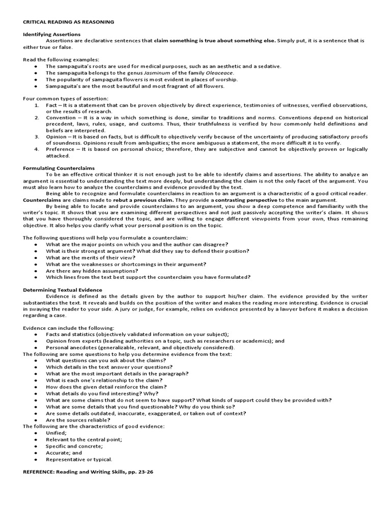 Critical Reading As Reasoning | PDF | Argument | Reason