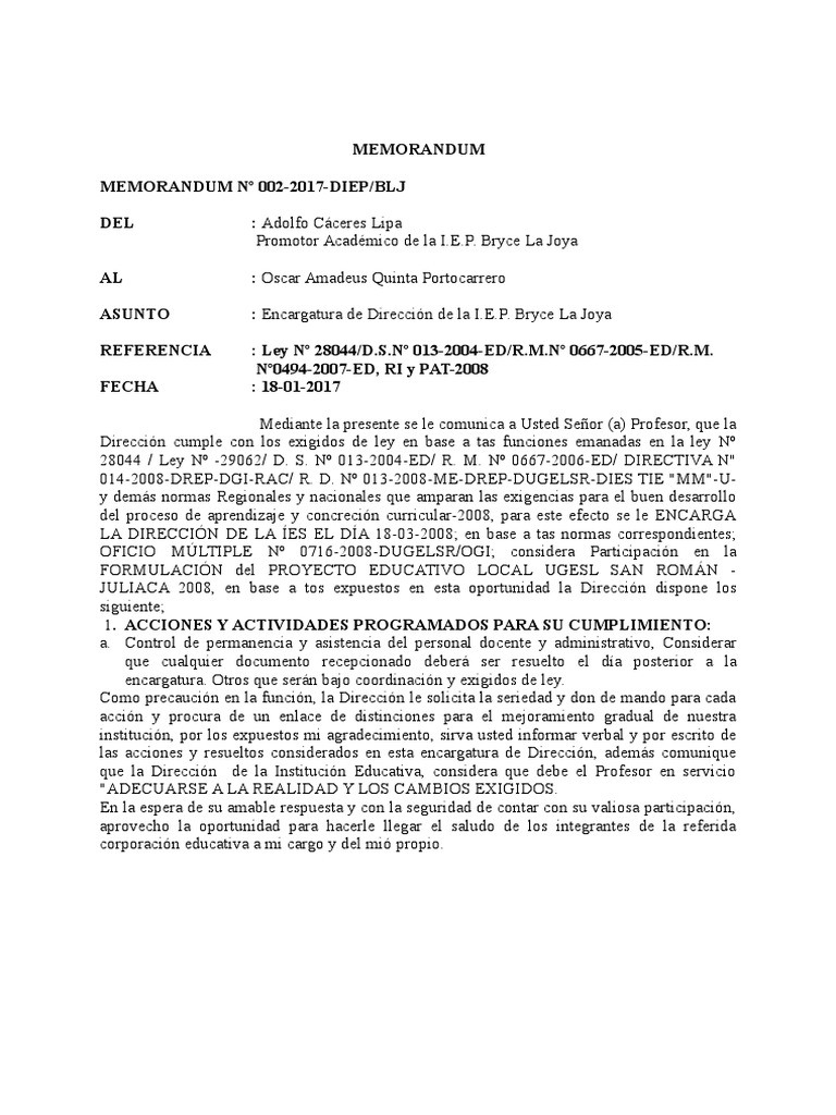 Memorandum de Encargatura de Dirección | PDF