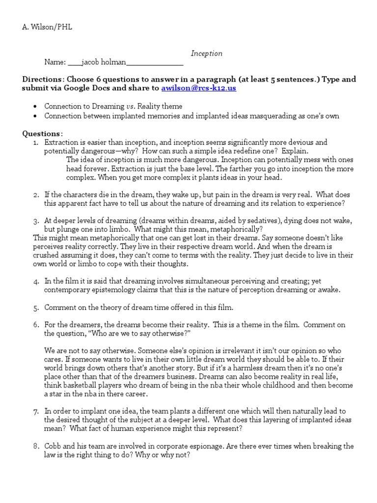 Inception Discussion Questions | PDF | Dream | Reality