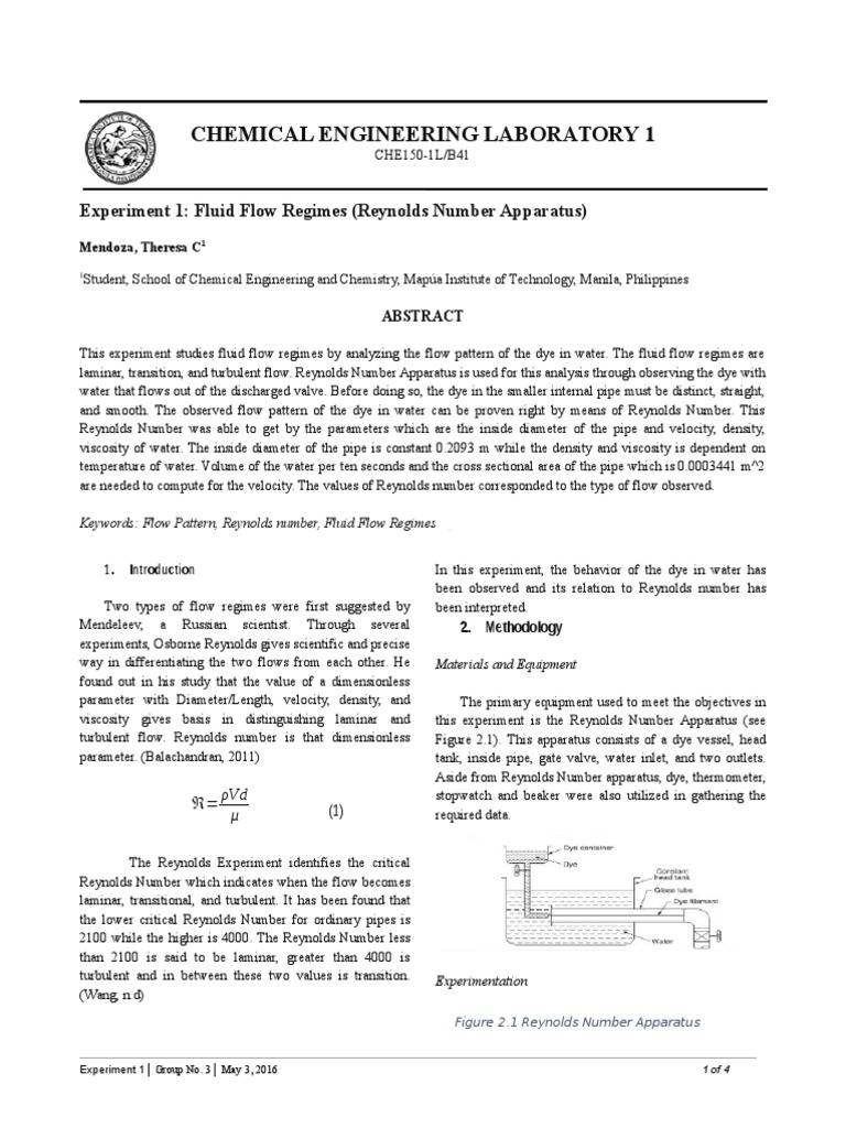 CHE150 LAB EXPERIMENT 1 FLUID FLOW REGIMES | PDF | Reynolds Number ...