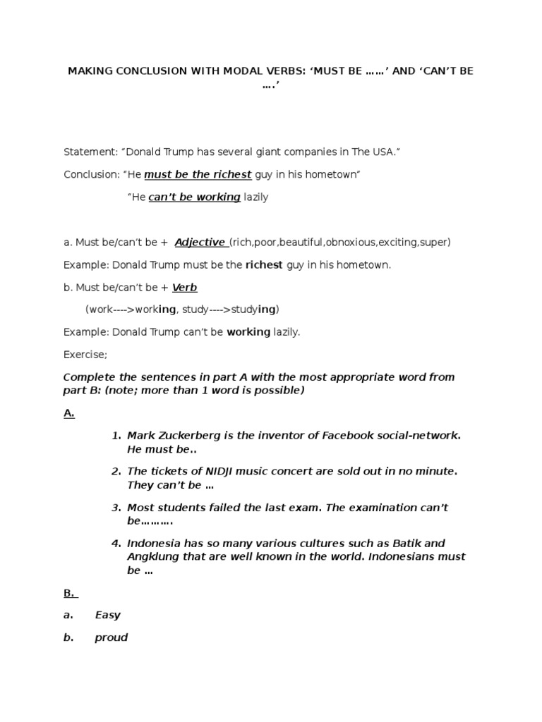Making Conclusion With Modal Verbs: Must Be ' and Can'T Be .' | PDF