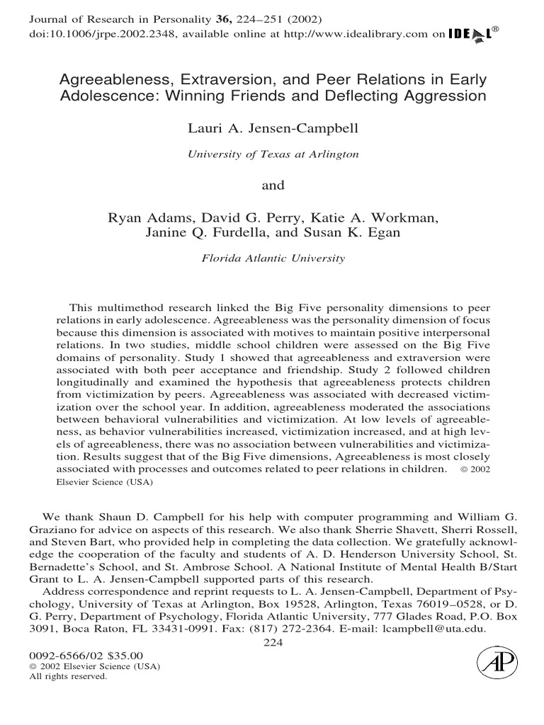 Agreeableness, Extraversion, and Peer Relations in Early Adolescence - Winning Friends and ...