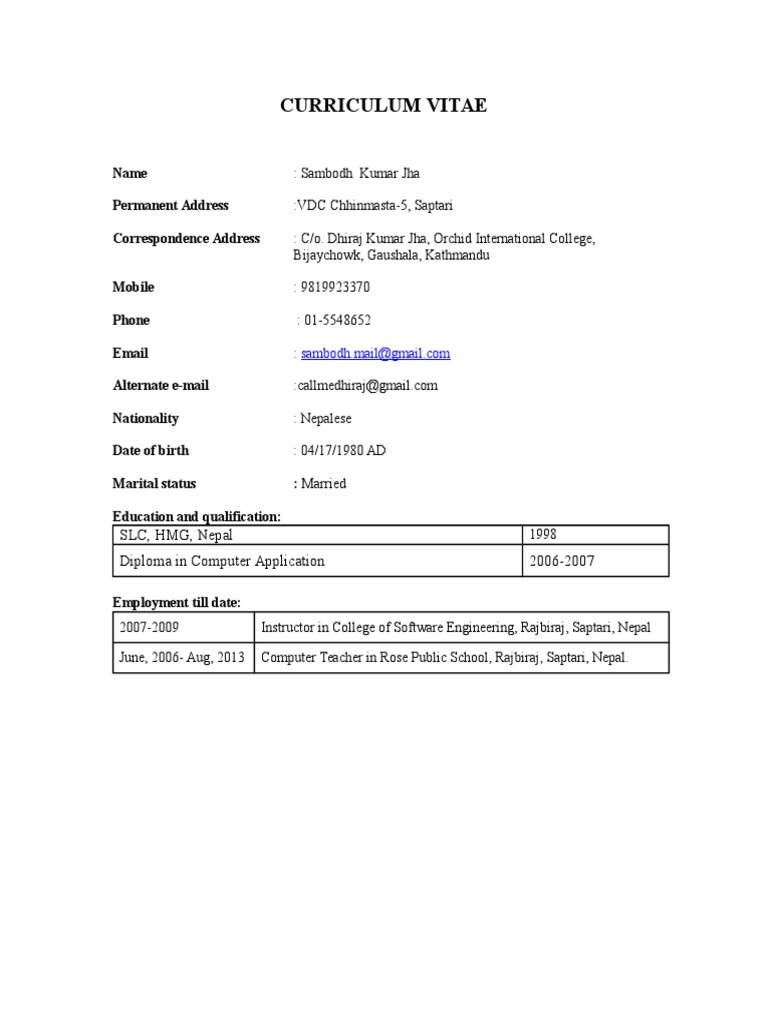 Curriculum Vitae: Name Permanent Address Correspondence Address | PDF